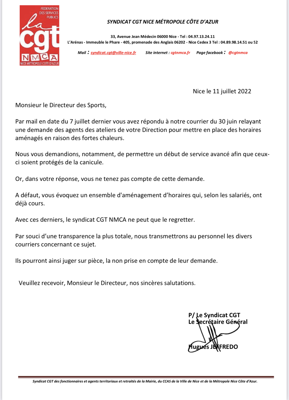 Courrier au directeur des sports en réponse au mail à propos des ...